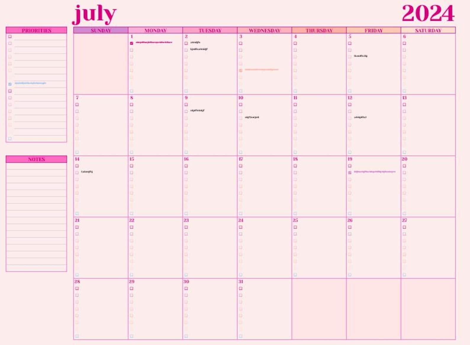 Funky Pink July 2024-july 2025 Google Sheets Calendar - Etsy