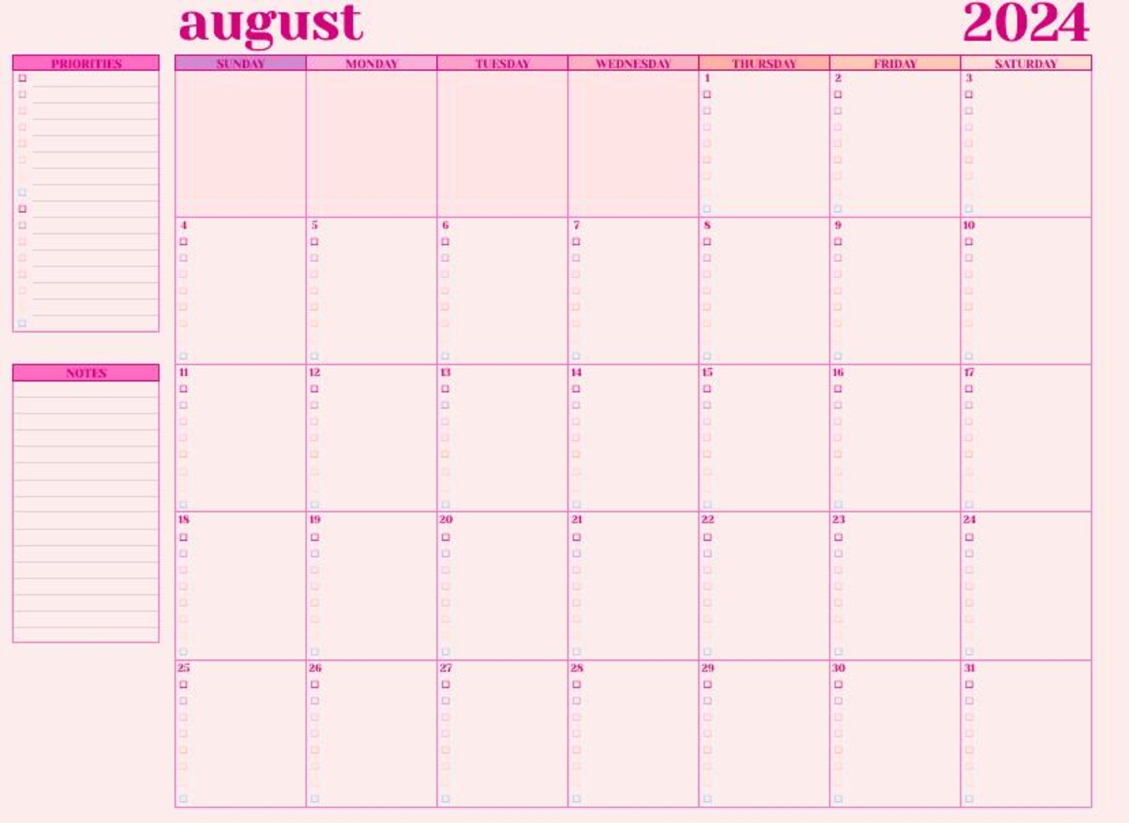 Funky Pink July 2024-july 2025 Google Sheets Calendar - Etsy