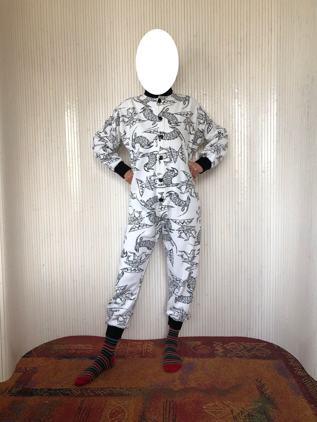 Jumpsuit 80s Pyjamas Vintage Women Patterned Jumpsuit Cotton Black and ...