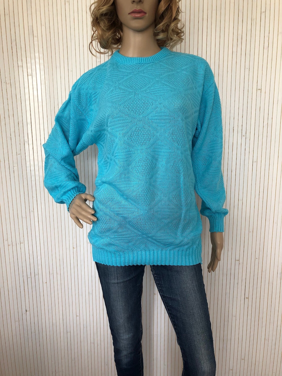 Women's Vintage Jacquard Sweater Turquoise Blue Sweater Size M Long ...