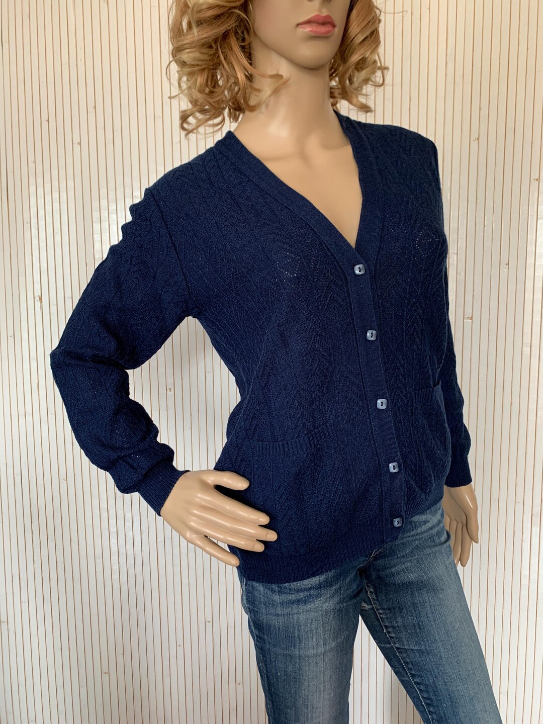 Vintage Women's Navy Blue Thin Cardigan Openwork Decorated Herringbone ...
