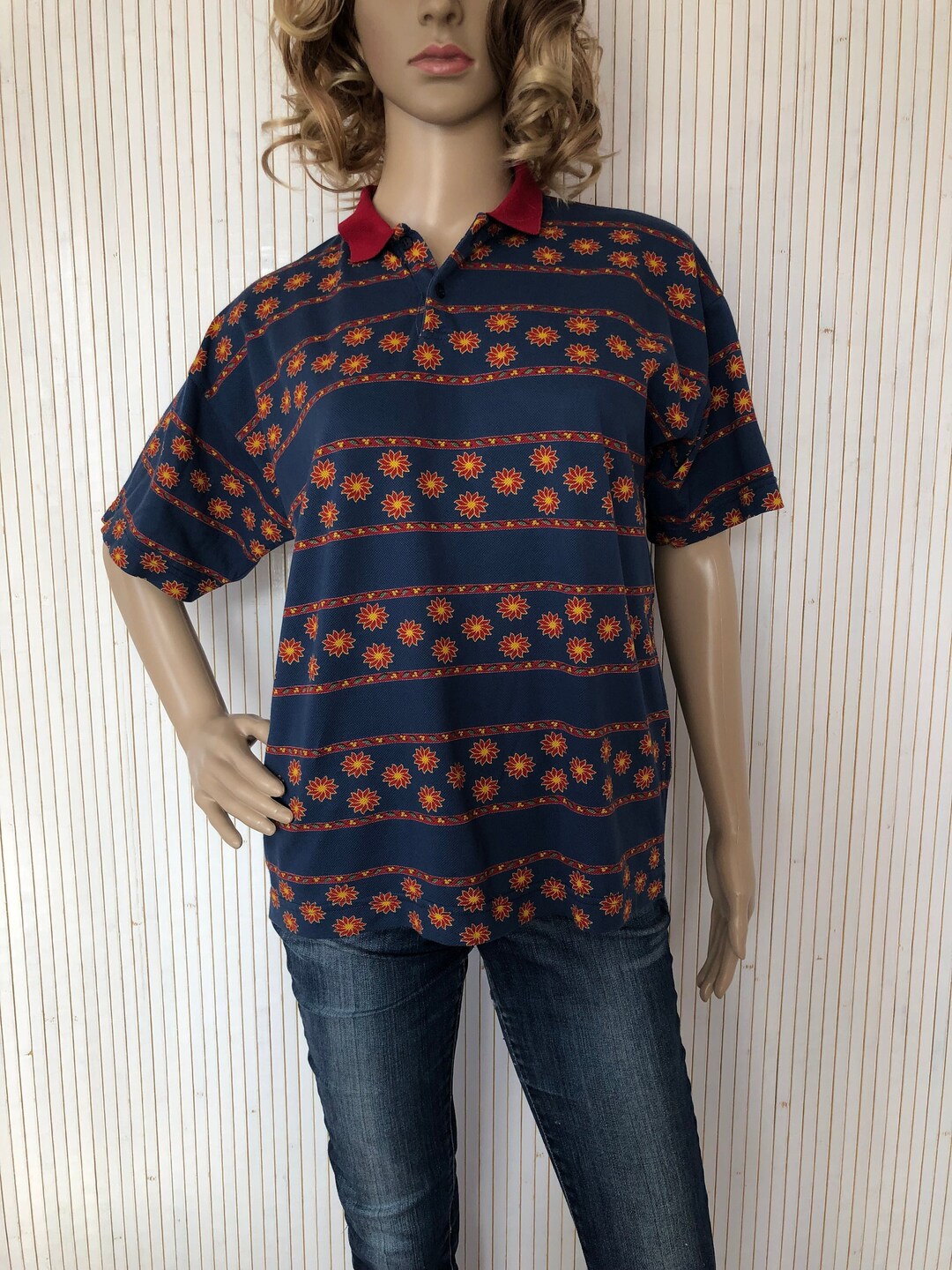 Women's Vintage Floral Polo Shirt Blue and Red Mito' Polo Shirt Made in ...