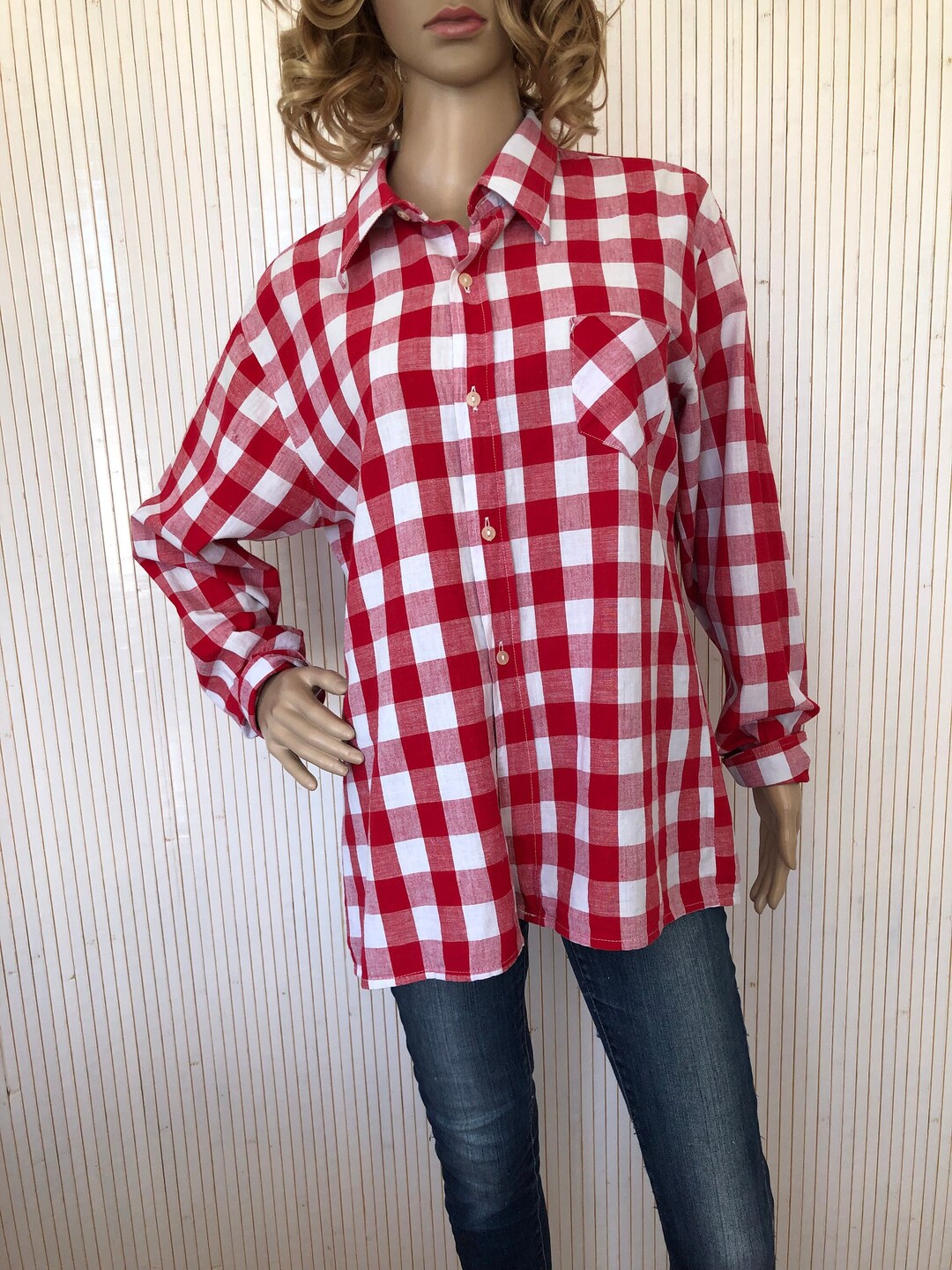 Vintage 70s Red Checkered Shirt Long Sleeve Lumberjack Country Red ...