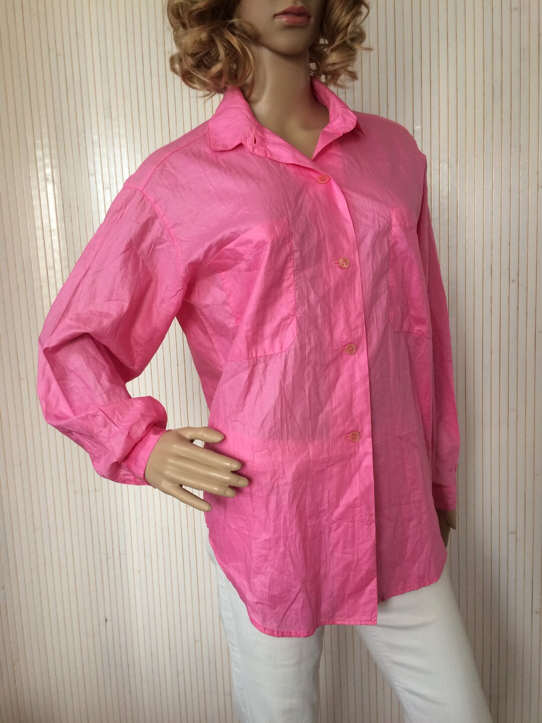 Women's Vintage Pink Silky Cotton Shirt S Candy Pink Long Sleeve Shirt ...