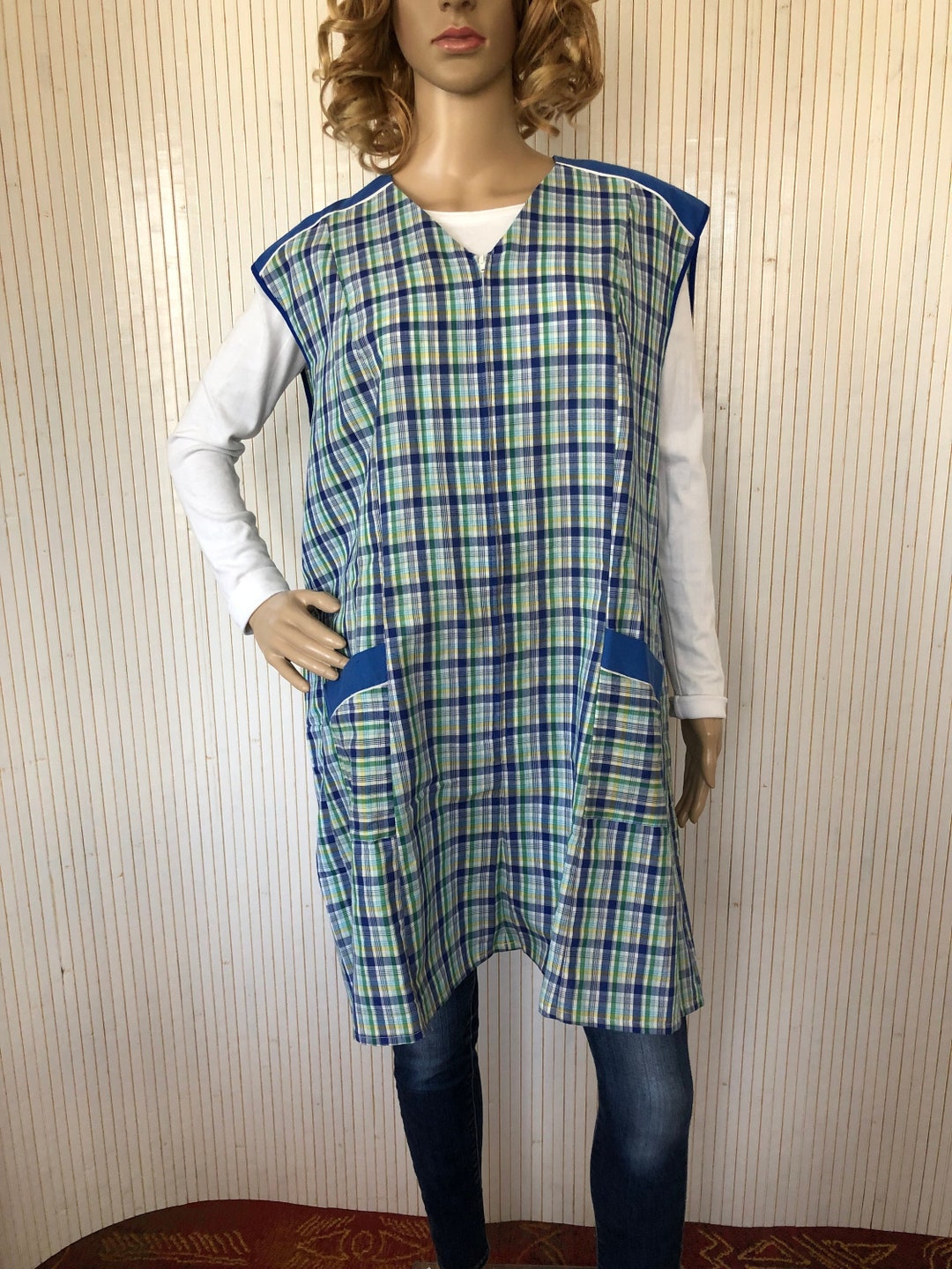 Women's Vintage Apron Dress Plaid Blouse Colorful Dress Sleeveless ...