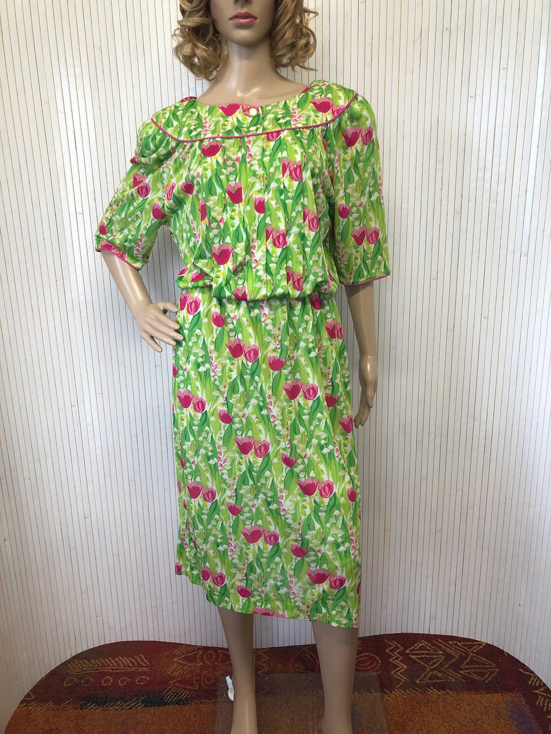 Women's Vintage Dress Green Floral Dress Short Sleeve Dress Spring or ...