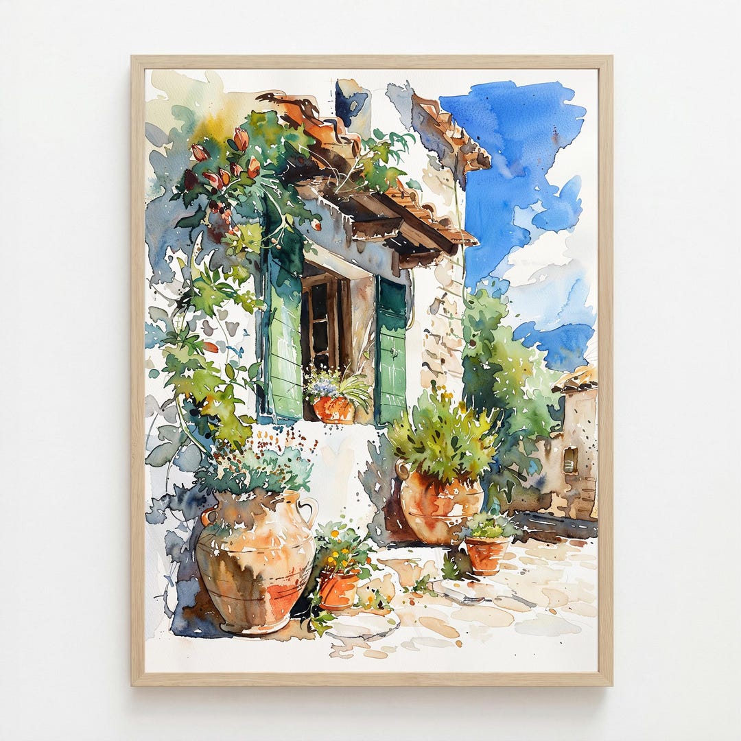 Greek Village House Watercolor Print | Mediterranean Cottage Wall Art ...
