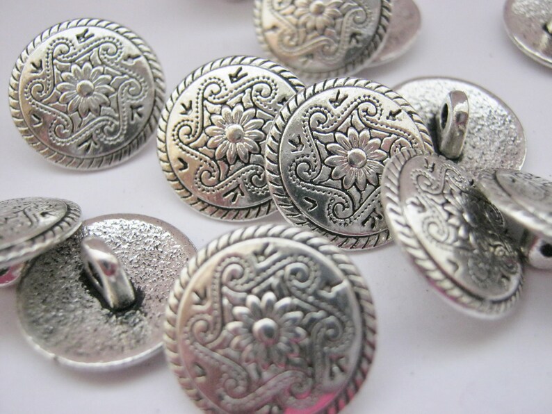10 Silver Flower Metal Shank Buttons 15mm Silver Coat Jacket Buttons ...