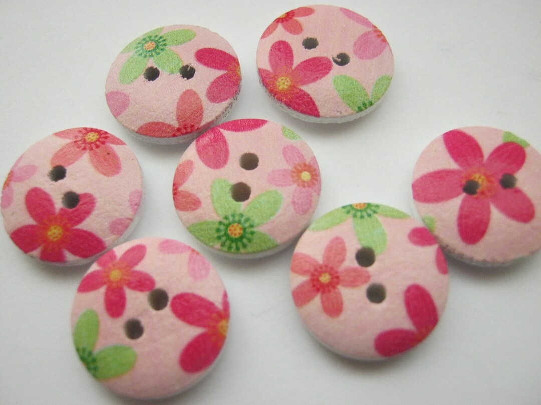 10 Pink Spring Flowers Sewing Buttons 15mm Wooden Floral Buttons for ...