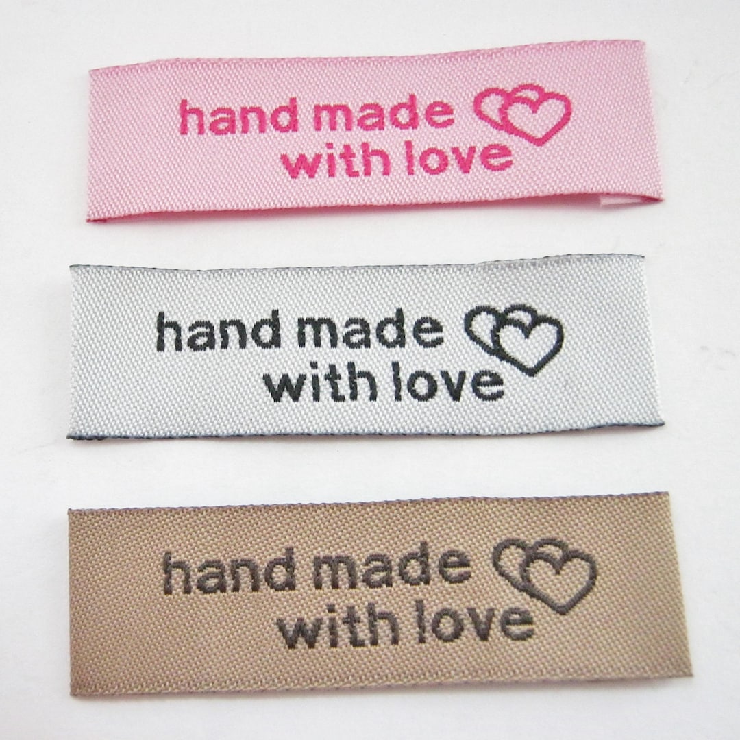 24 Fabric Labels Handmade With Love 50mm Pink White Beige Mixed Sew on ...