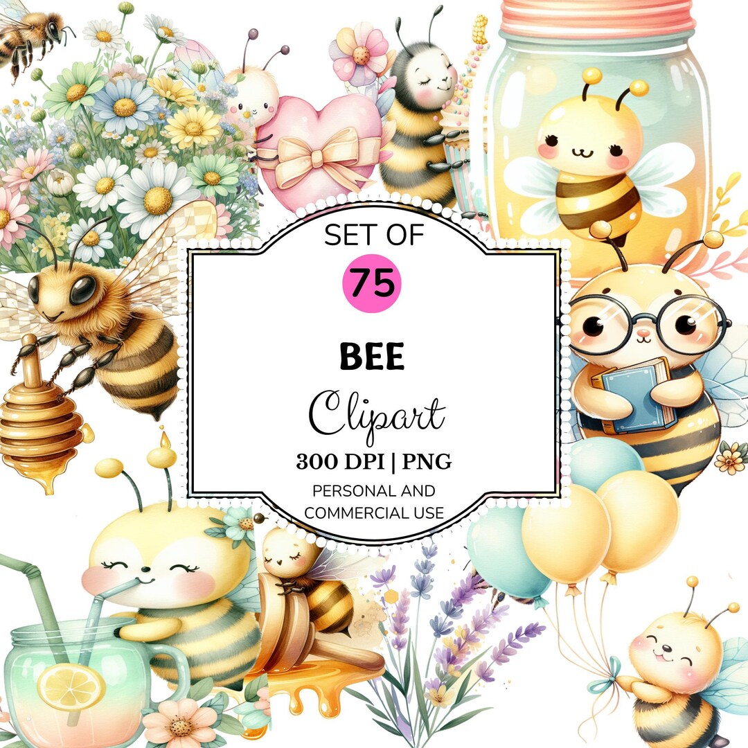 75 Cute Bee Watercolor Clipart PNG Bundle, Honey Bee Png, Sweet Bees ...