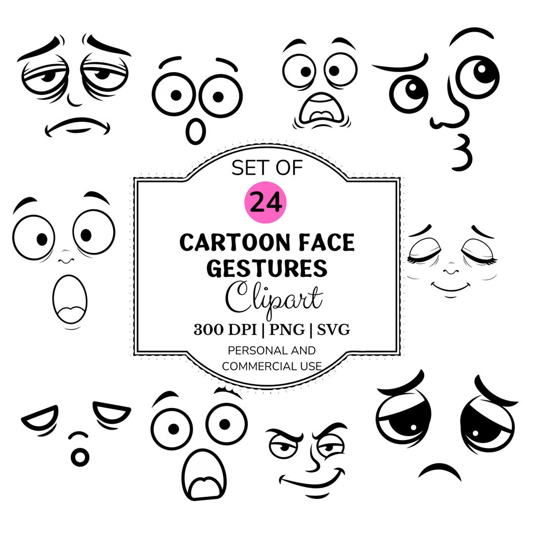 Cartoon Face Gestures Clipart, Outline Expression Faces PNG SVG, Funny ...