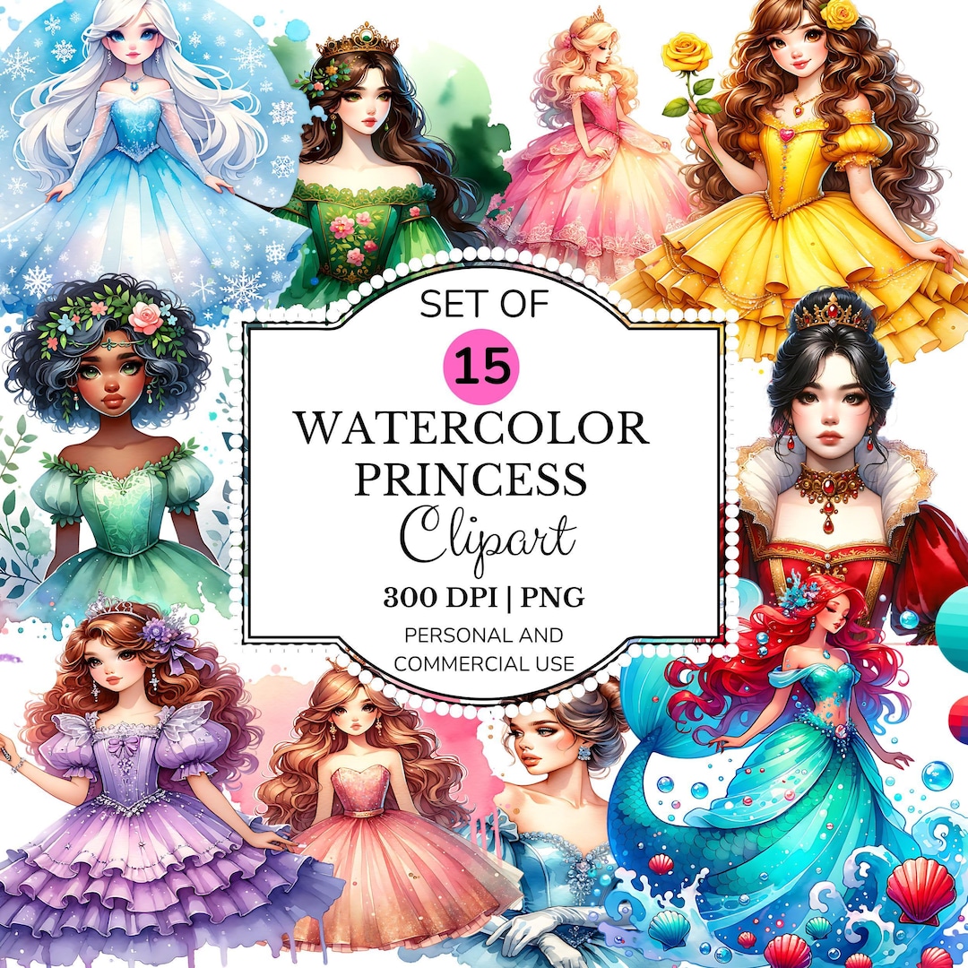 Watercolor Princess PNG Clipart Bundle, Fairytale Glitter Dress ...