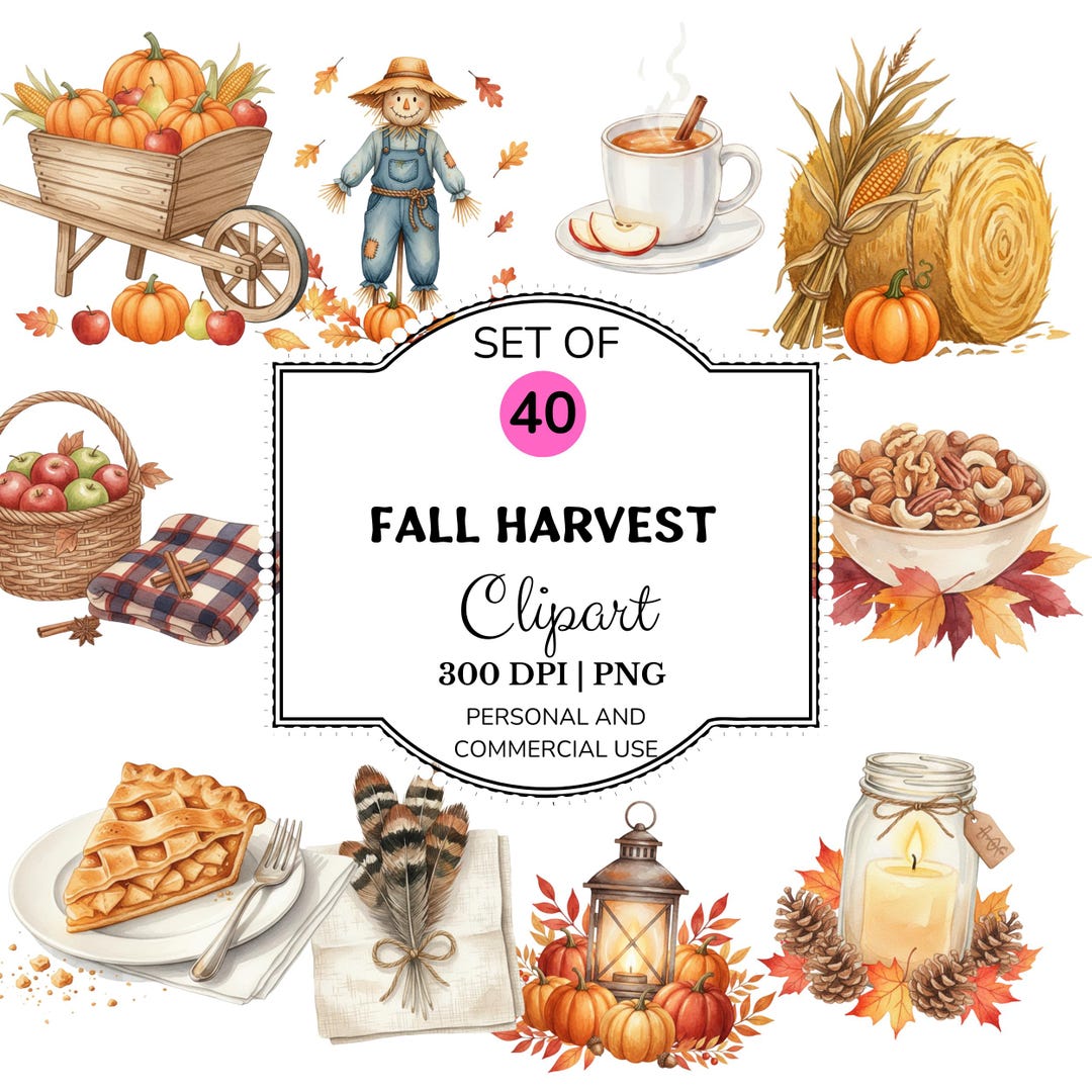 Fall Harvest Clipart Bundle PNG Watercolor Autumn Elements Digital ...