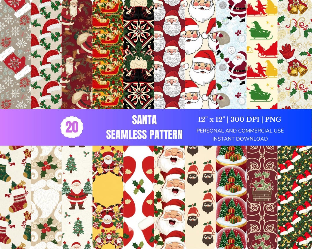 Santa Digital Paper Pack, 20 Seamless Christmas Santa Patterns, Festive ...