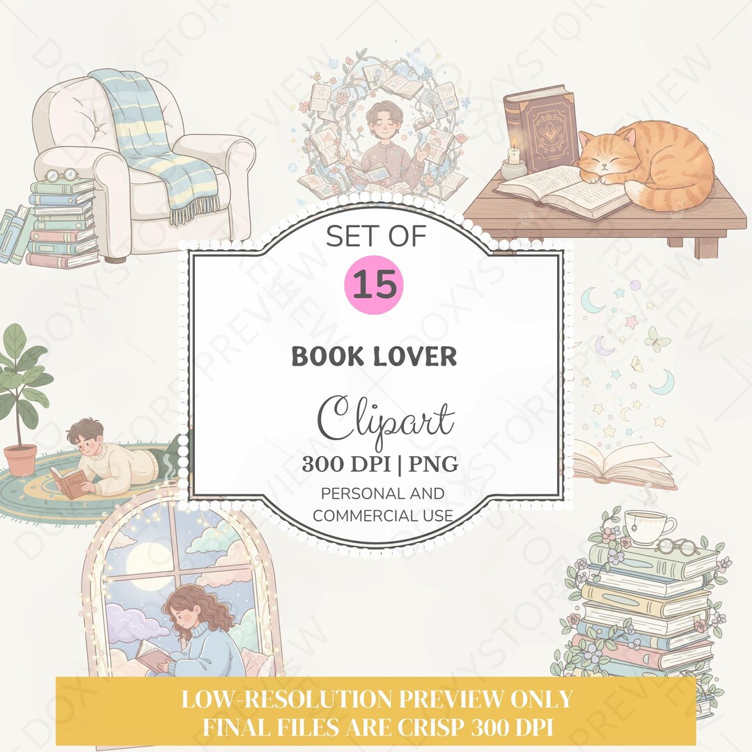 Book Lover Clipart PNG Bundle, Cozy Reading Illustrations for Bookworms ...