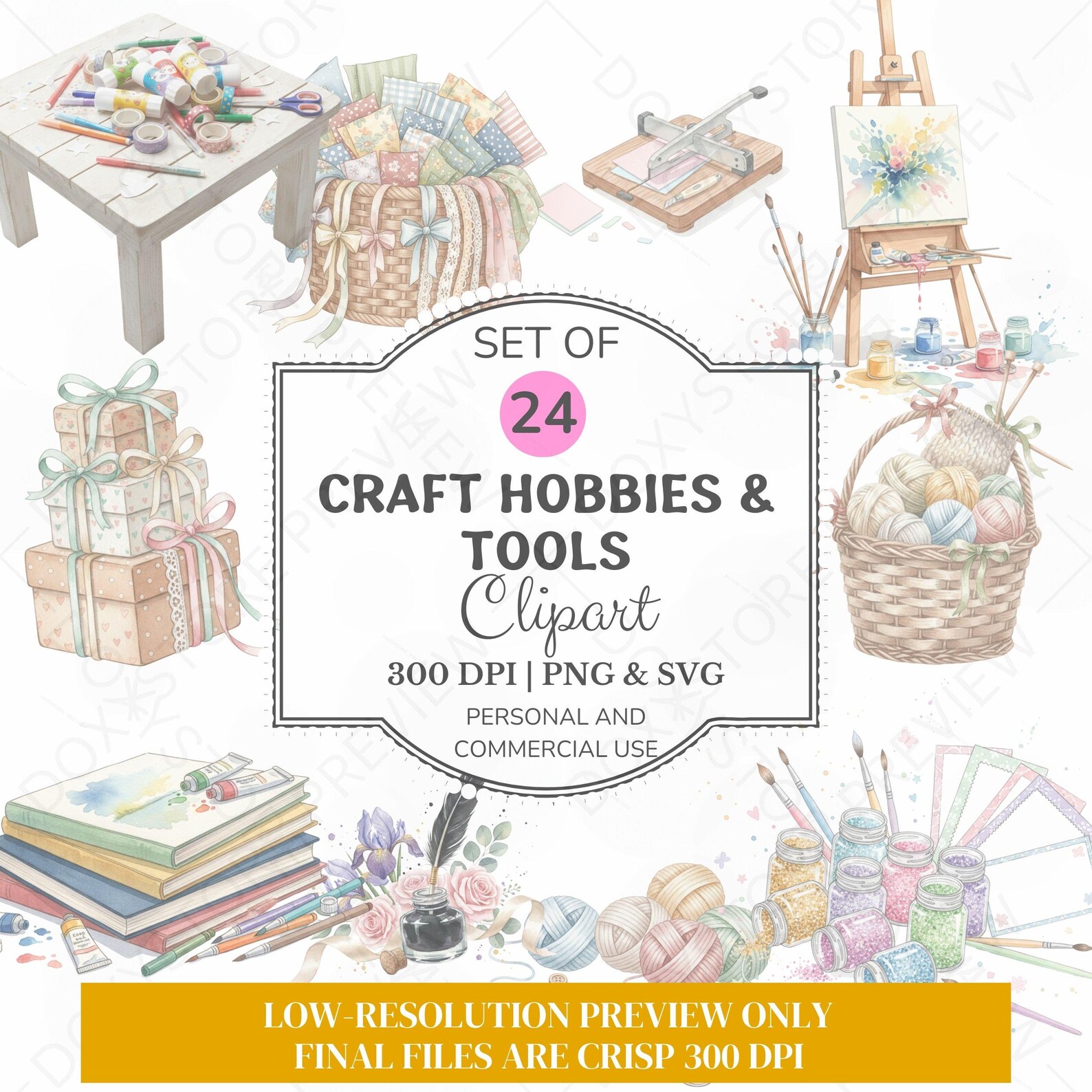 Craft Hobbies & Tools Clipart PNG Bundle, 24 Watercolor Sewing Painting ...