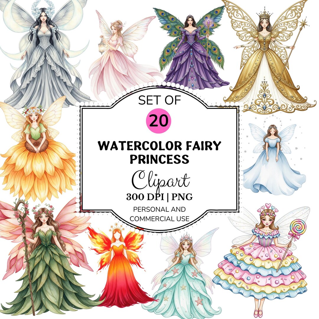 Watercolor Fairy Princess Clipart: Whimsical PNG Bundle (digital ...