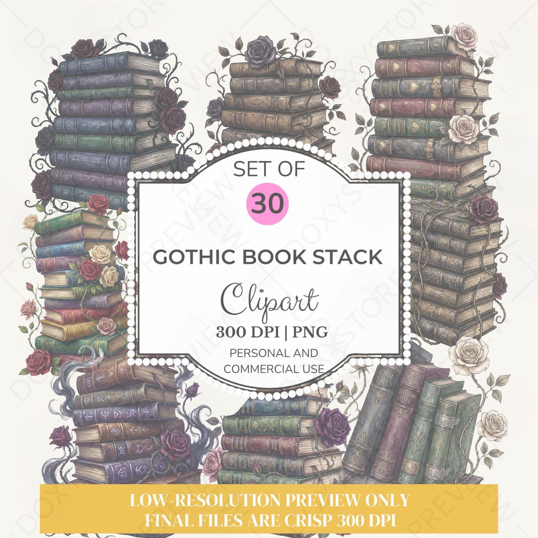 Gothic Book Stack Clipart for Junk Journals, Dark Academia Floral Books ...