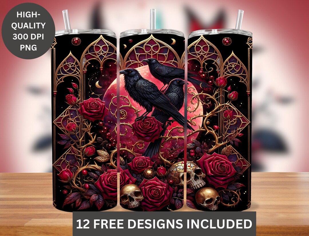 Gothic Raven Rose Tumbler Wrap, Baroque Dark Fantasy 20 Oz Skinny ...