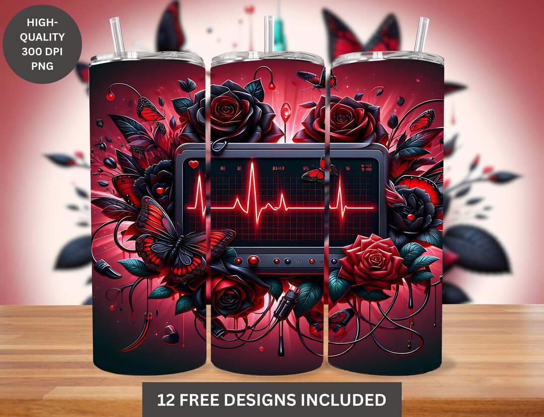 Heart Rate Tumbler Wrap, Gothic EKG Rose Skinny 20oz PNG, Butterfly ...