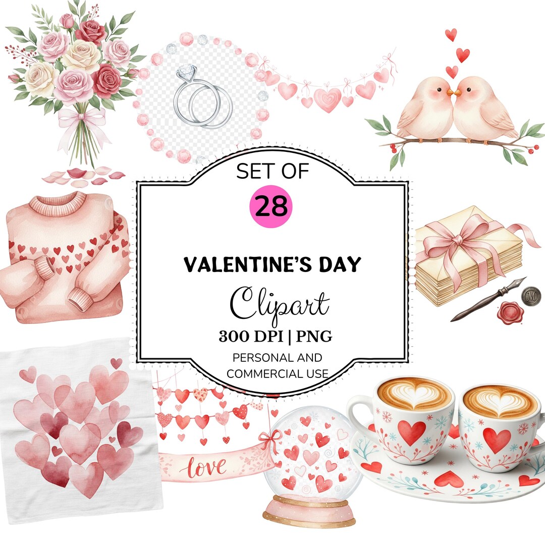 Valentine’s Day Clipart Bundle, Watercolor Hearts & Love Flowers PNG - Etsy