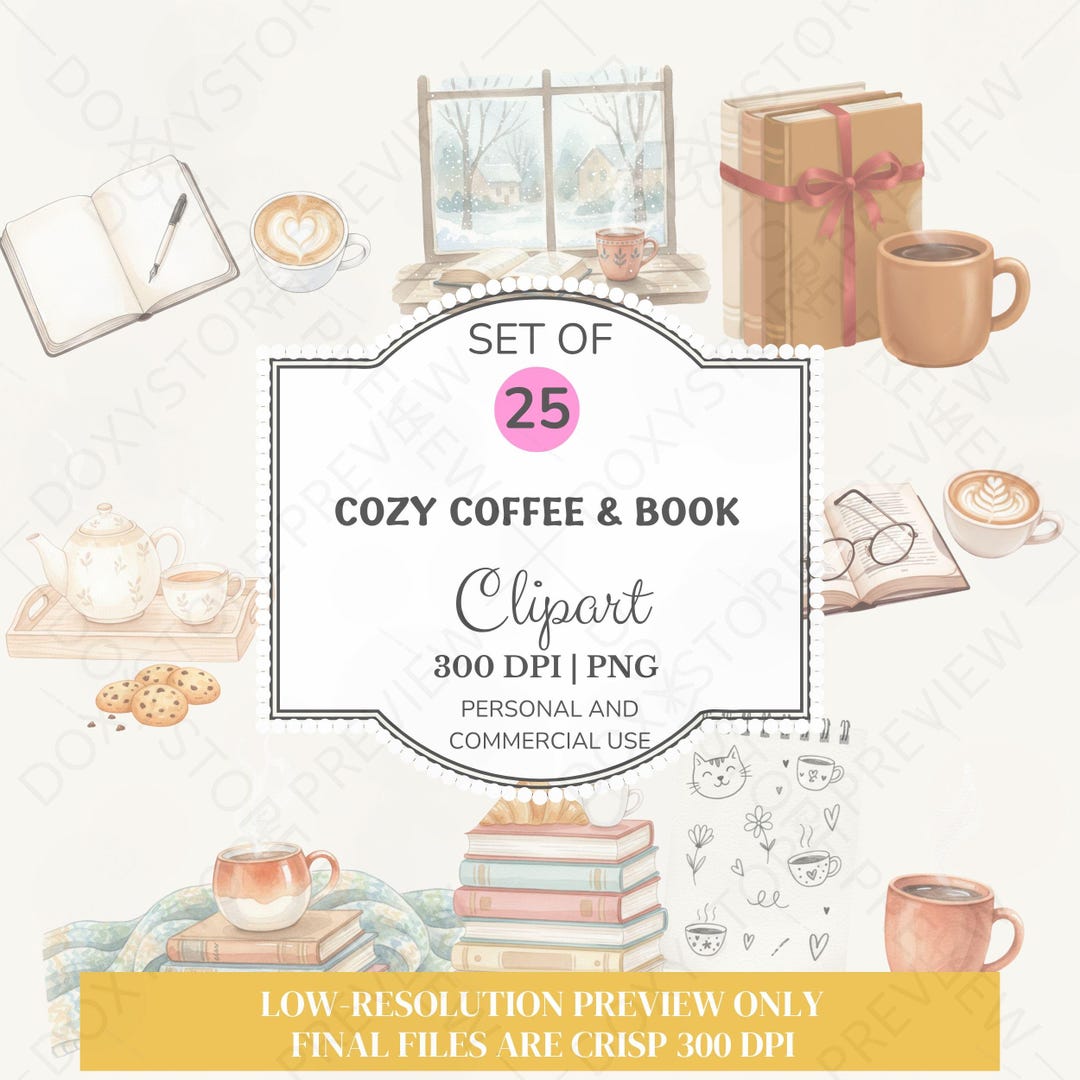 Cozy Coffee & Book Clipart Bundle | 25 Warm Watercolor Lifestyle Pngs ...