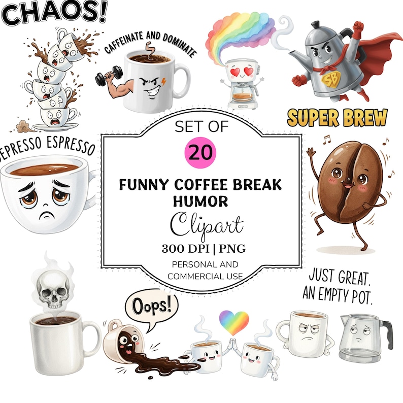 Funny Coffee Break Humor Clipart Bundle, Cartoon Watercolor PNG - Etsy