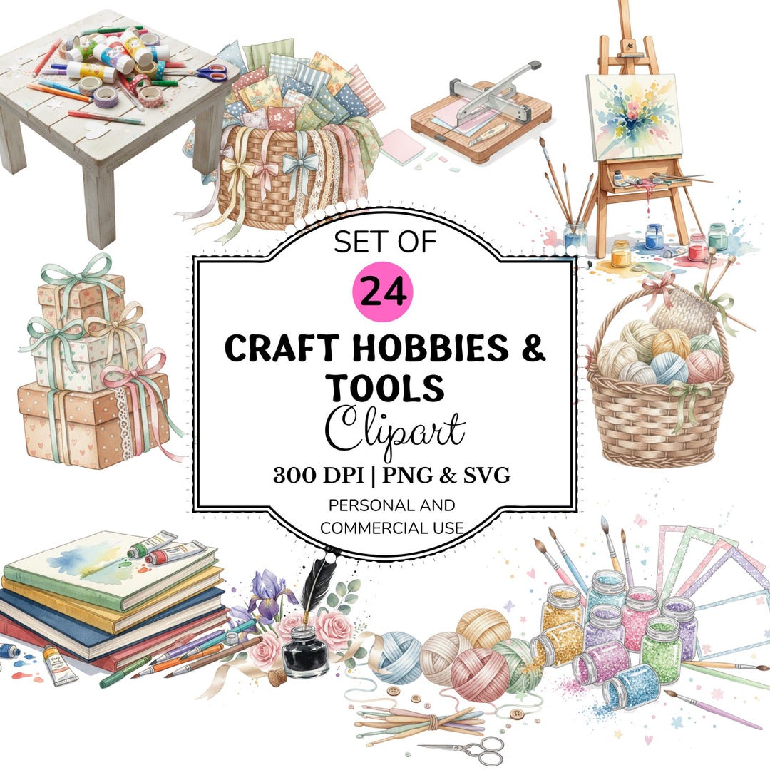 Craft Hobbies & Tools Clipart PNG Bundle, 24 Watercolor Sewing Painting ...