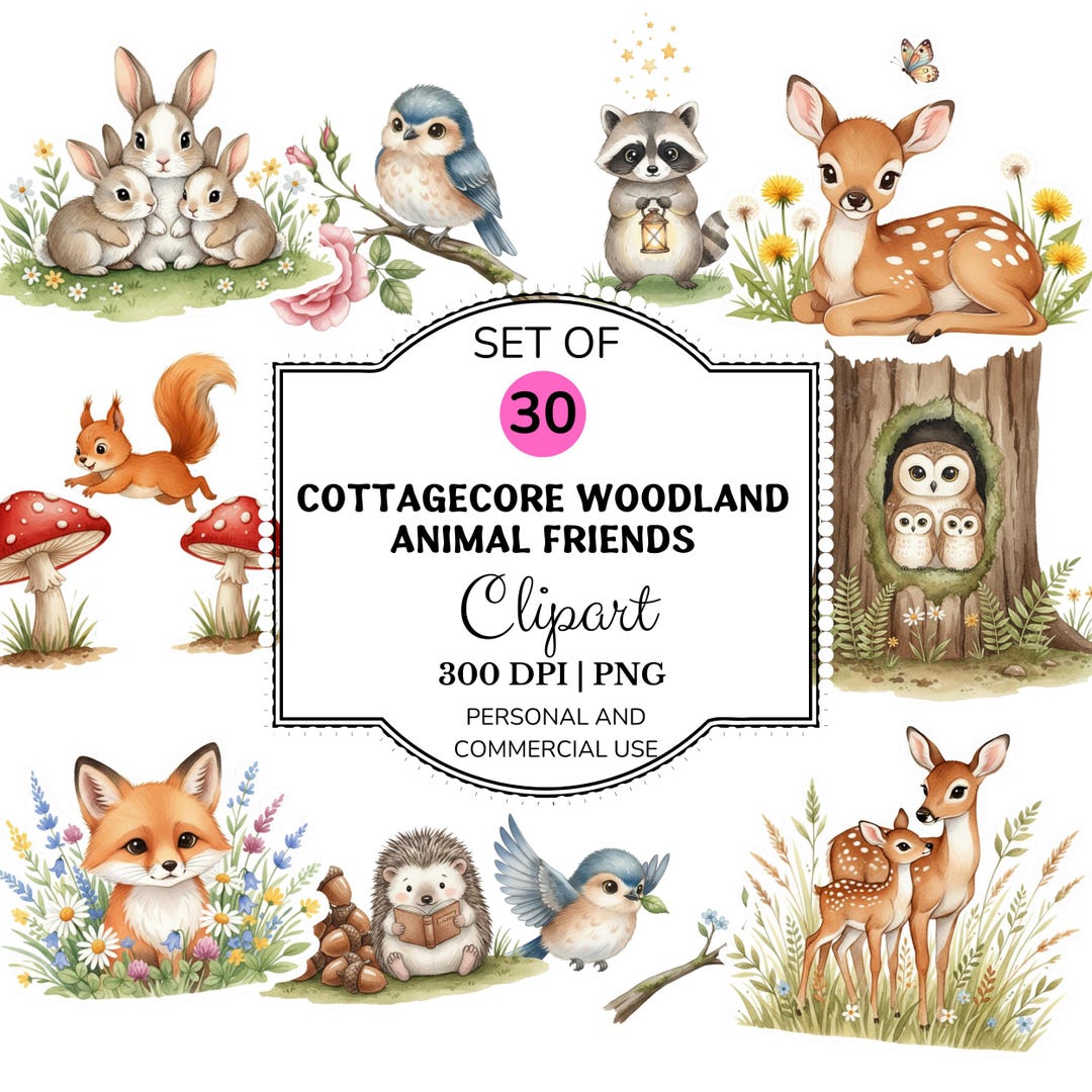 Cottagecore Woodland Animal Friends Clipart Watercolor Set PNG, Digital ...