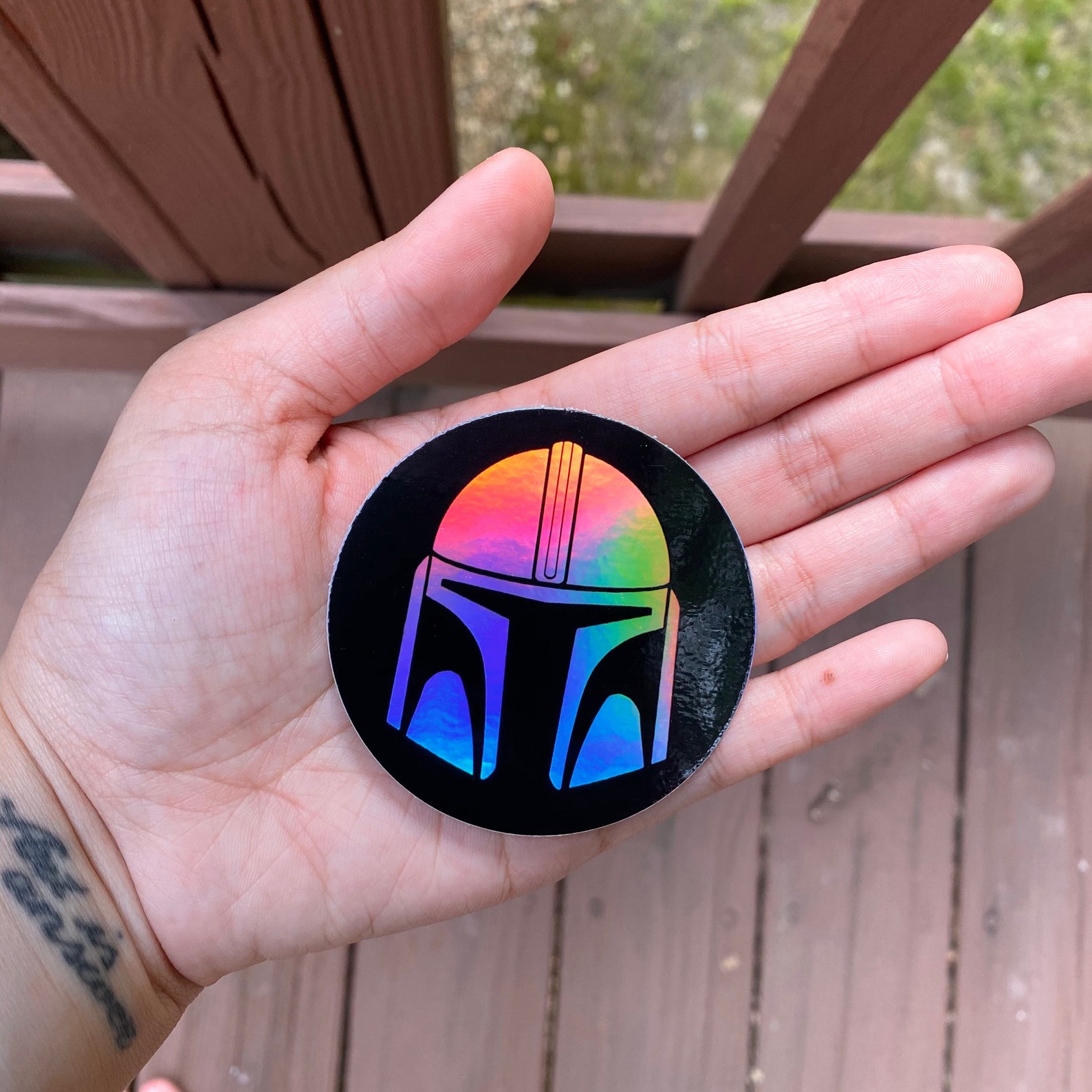Holographic Mandalorian Helmet Round Star Wars Sticker / High Quality ...