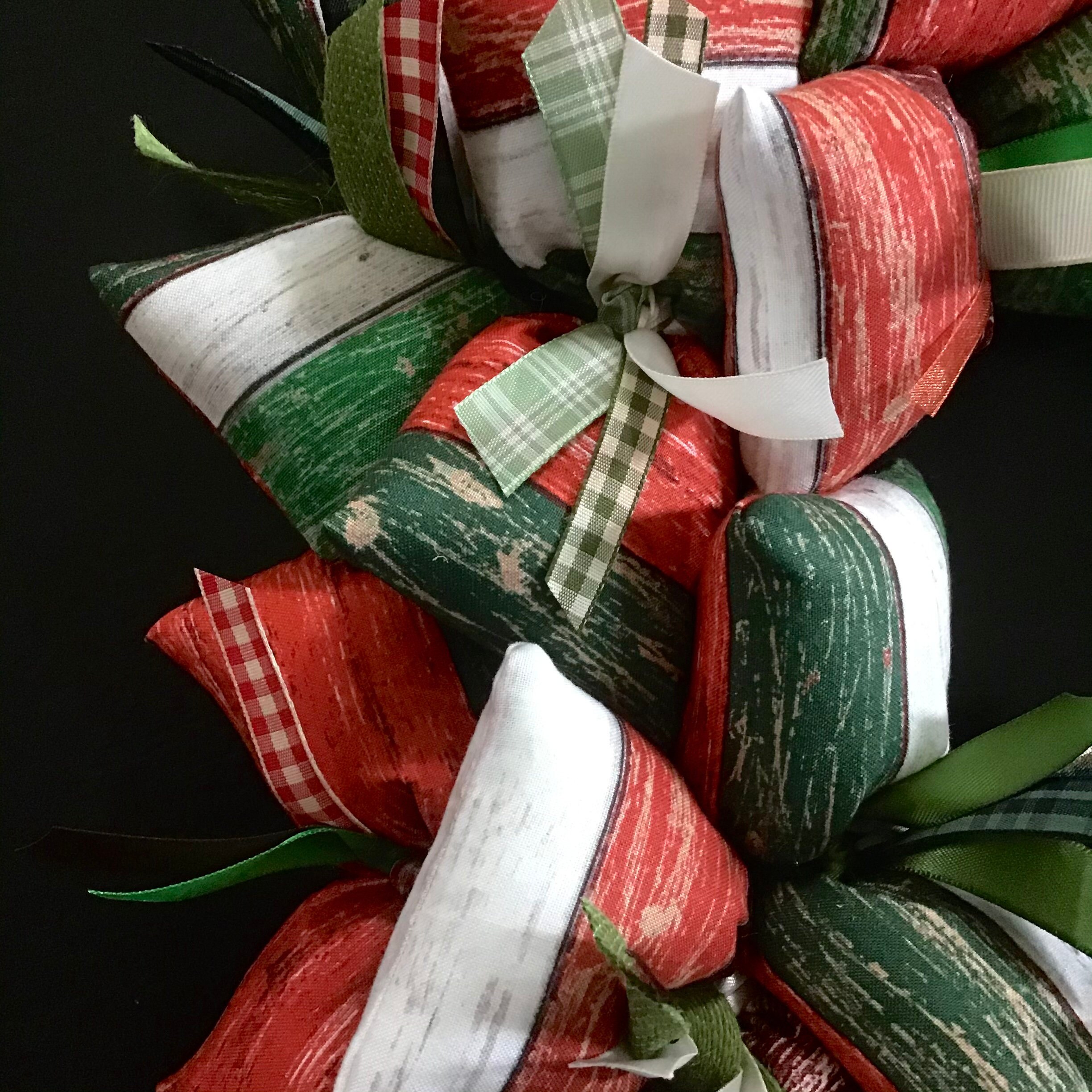 Rustic Farmhouse Red Green and White Barn Wood Look Fabric Wreath Door ...