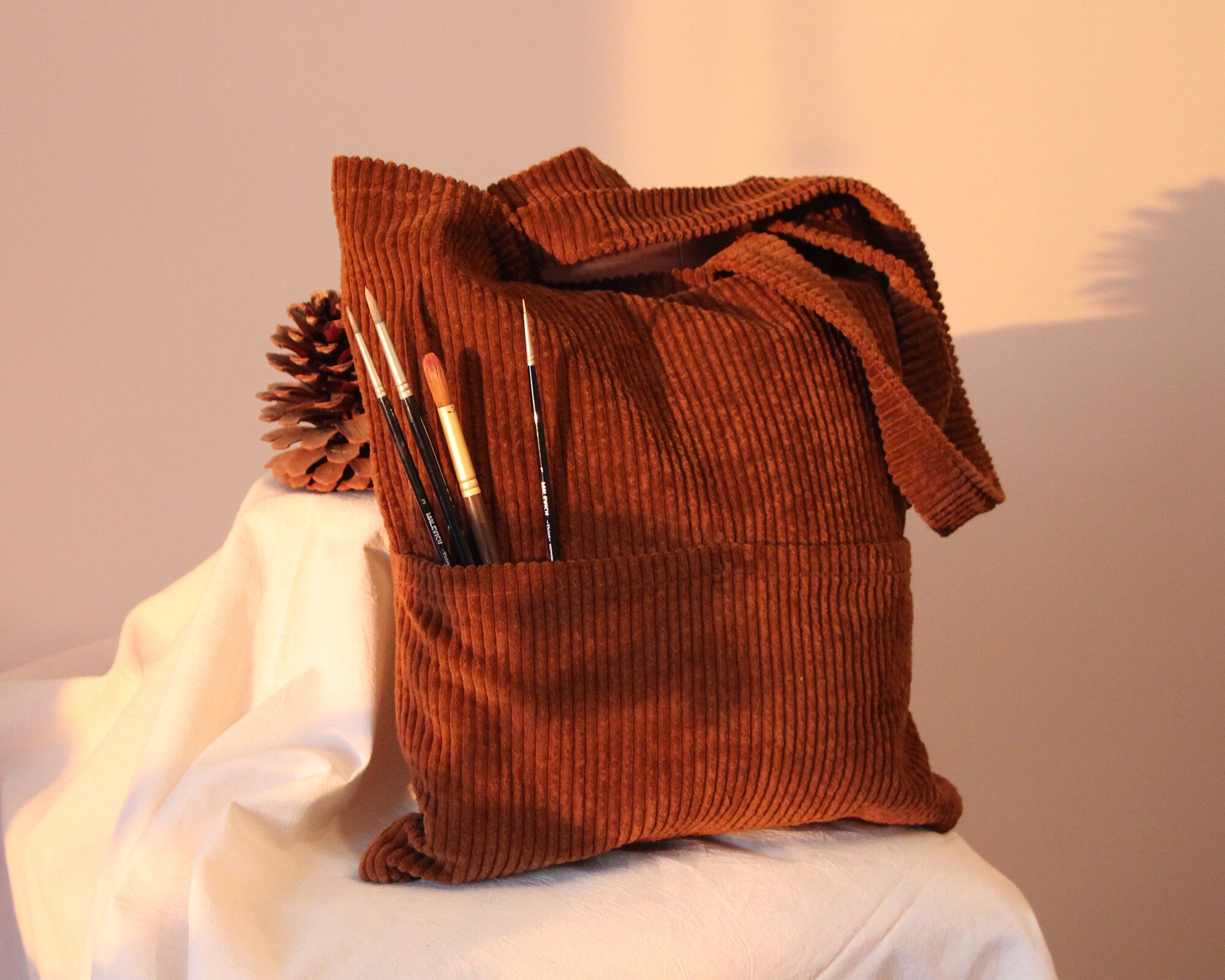 Handmade Corduroy Tote Bag With External And Internal Pockets Etsy