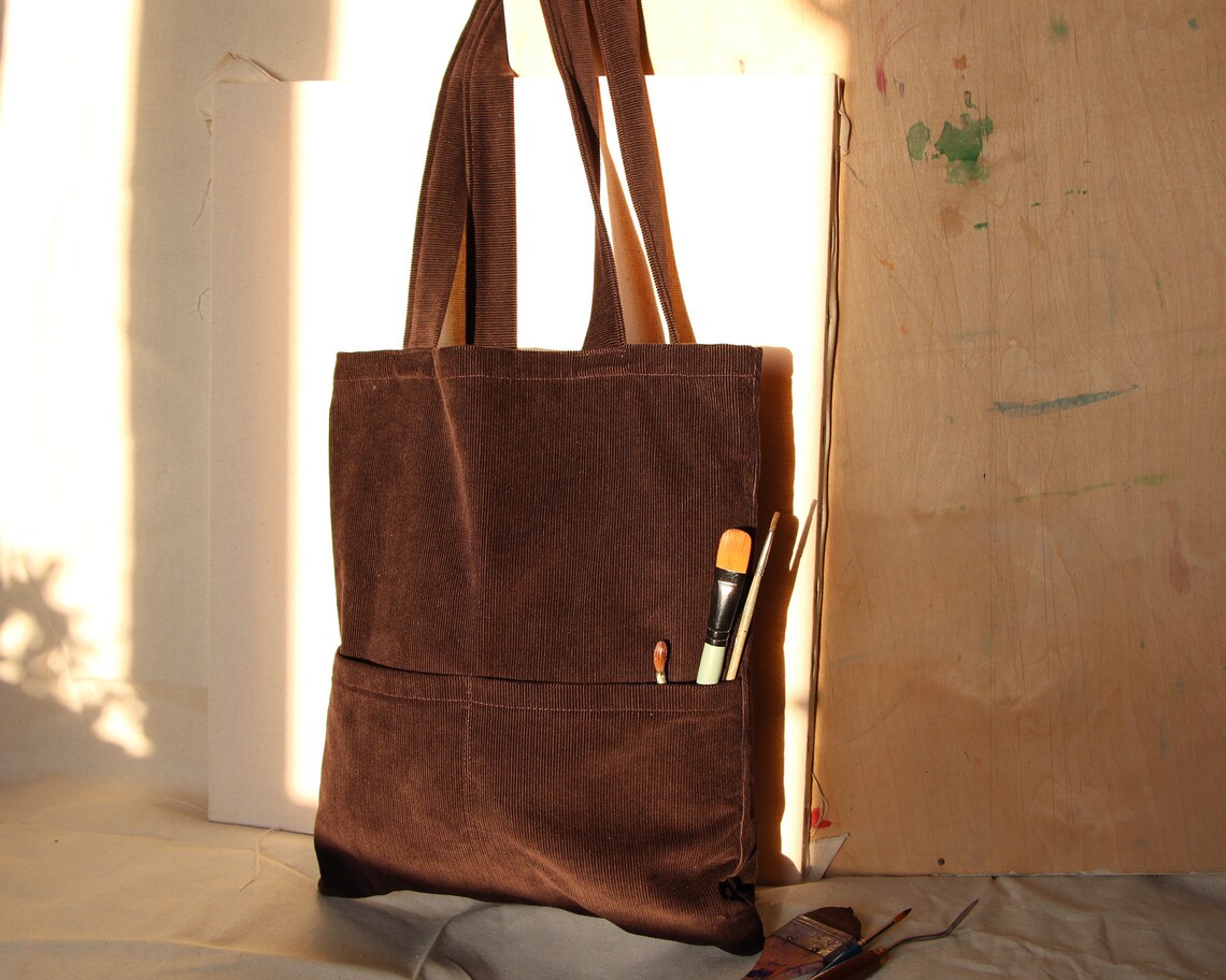 Handmade Corduroy Tote Bag In Various Colors With External And Etsy