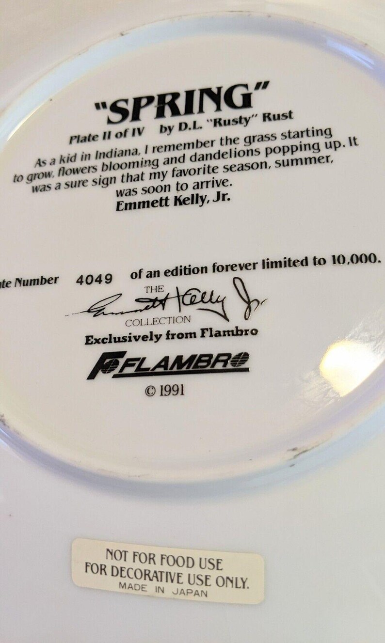 Vintage 1991 Flambro Emmett Kelly Jr SPRING Collectors Plate 4049 of ...