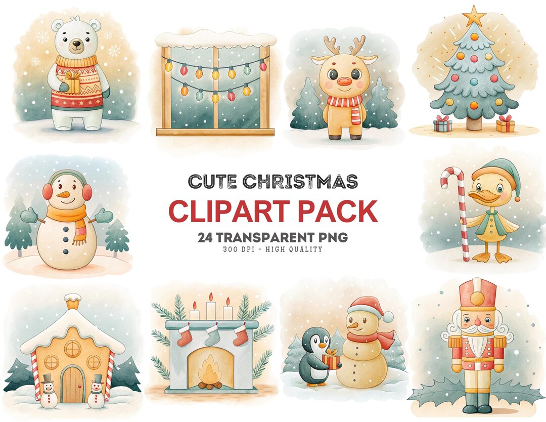 Watercolor Cute Christmas Clipart, Digital Download Christmas PNG Files ...