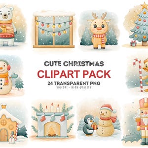Watercolor Cute Christmas Clipart, Digital Download Christmas PNG Files ...