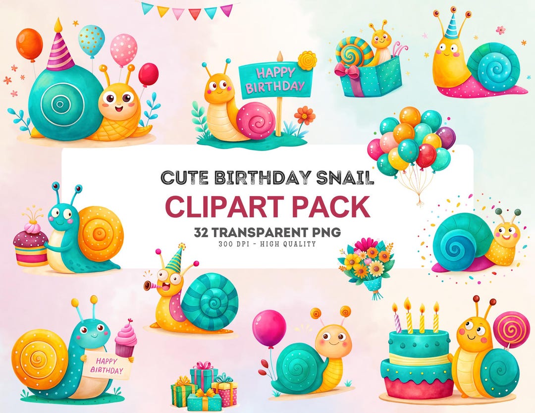 Watercolor Cute Birthday Snail Clipart, Digital Download Snail PNG ...
