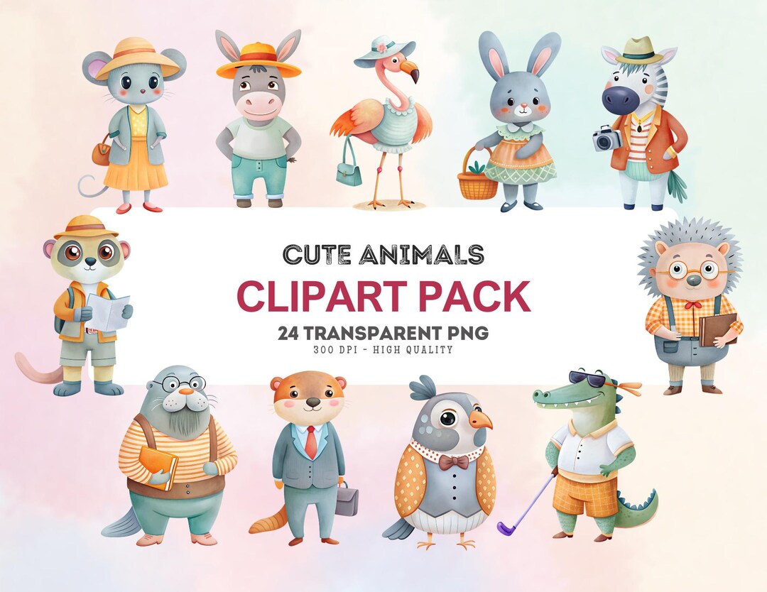 Watercolor Cute Animals Clipart, Digital Download Animal PNG Files ...
