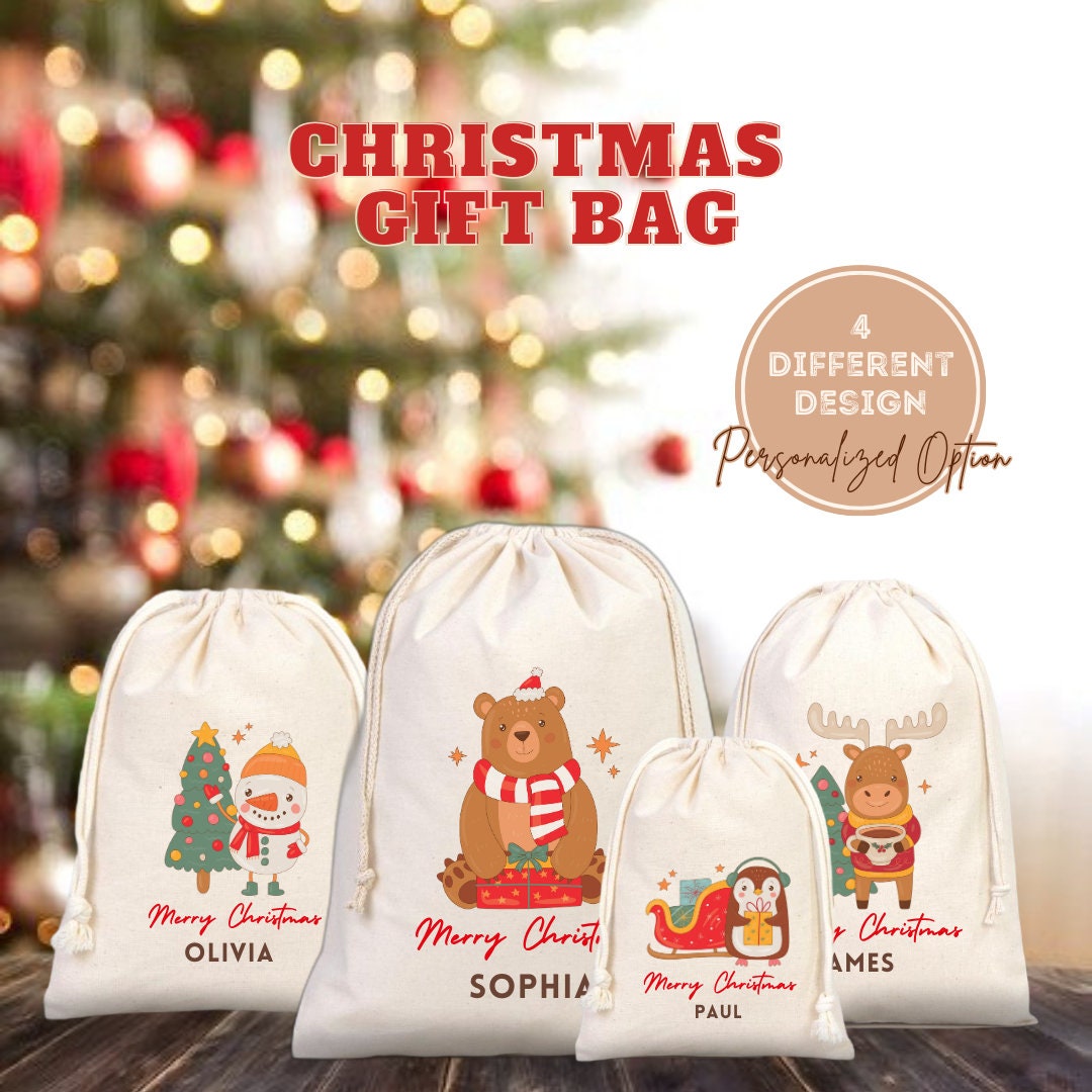 Personalized Merry Christmas Gift Bags, Custom Name Bags for Noel Gift ...