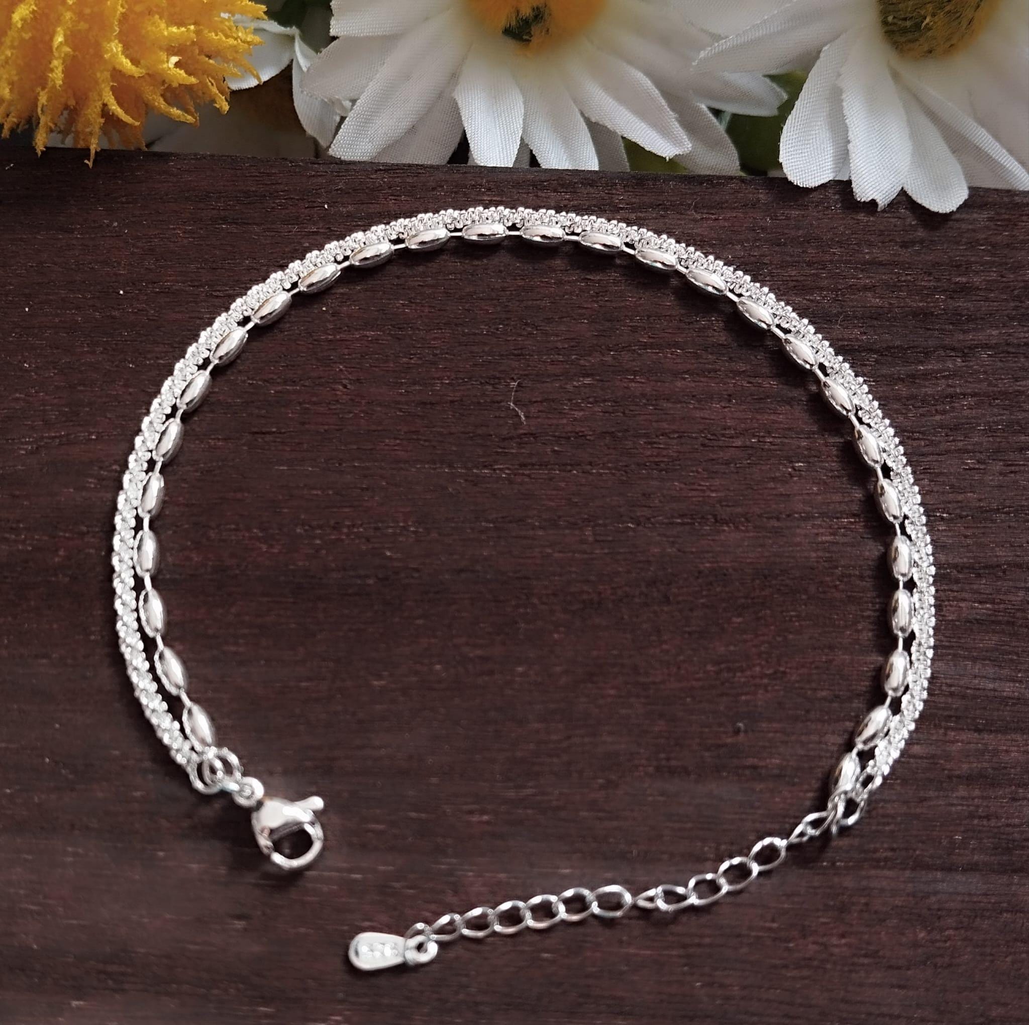 Sterling Silver Sparking Double Layer Chain Bracelet, Adjustable Women ...