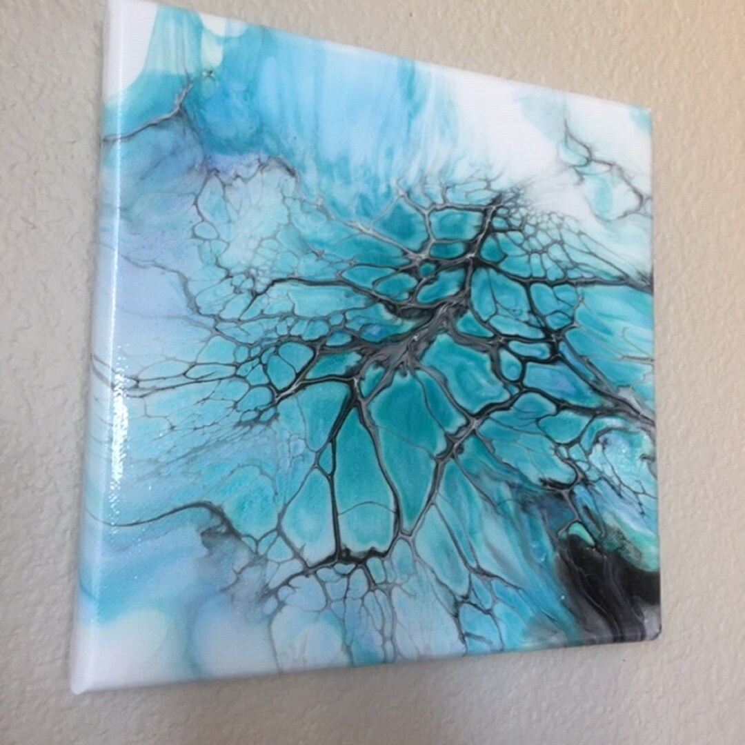 Original Art Acrylic Pour "bloom" Technique Painting Blues With Black ...