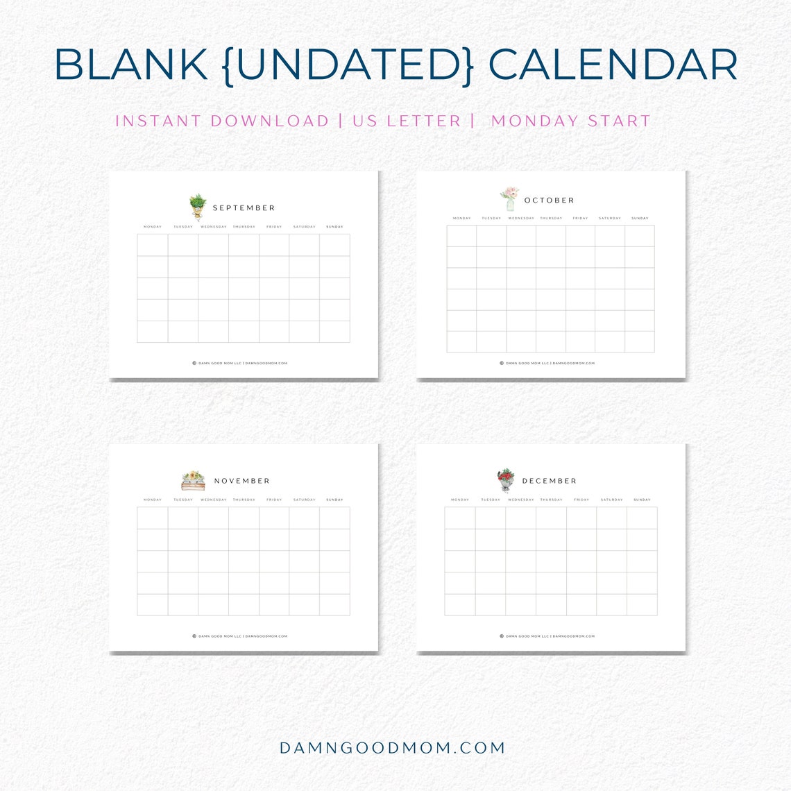 Printable Floral Calendar 12-months | Blank Calendar Templates ...