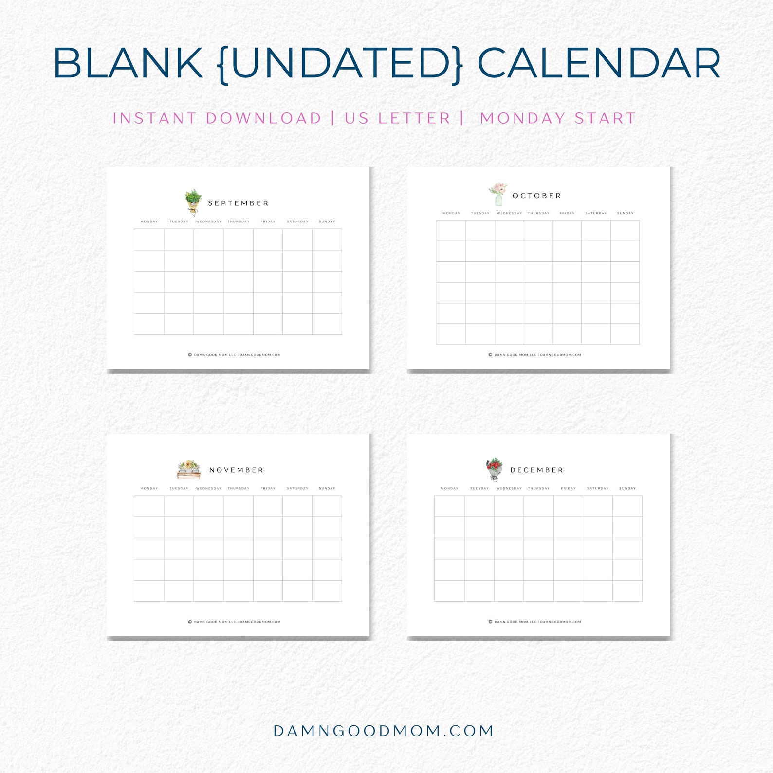 Printable Floral Calendar 12-months | Blank Calendar Templates ...