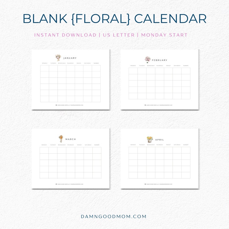Printable Floral Calendar 12-months | Blank Calendar Templates ...