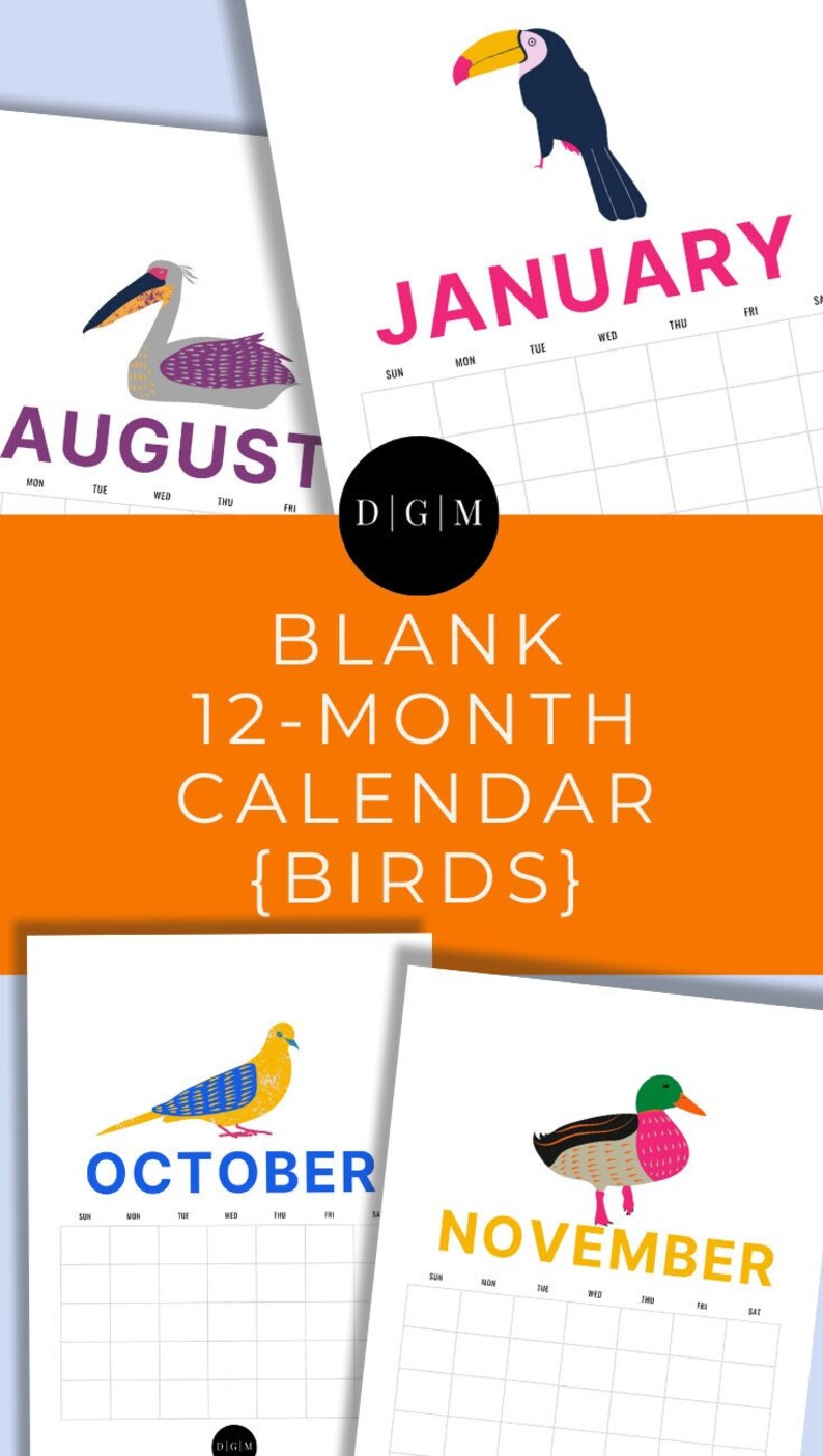 Printable Bird Calendar | 12 Page Blank Monthly Printable Calendar | 12 ...