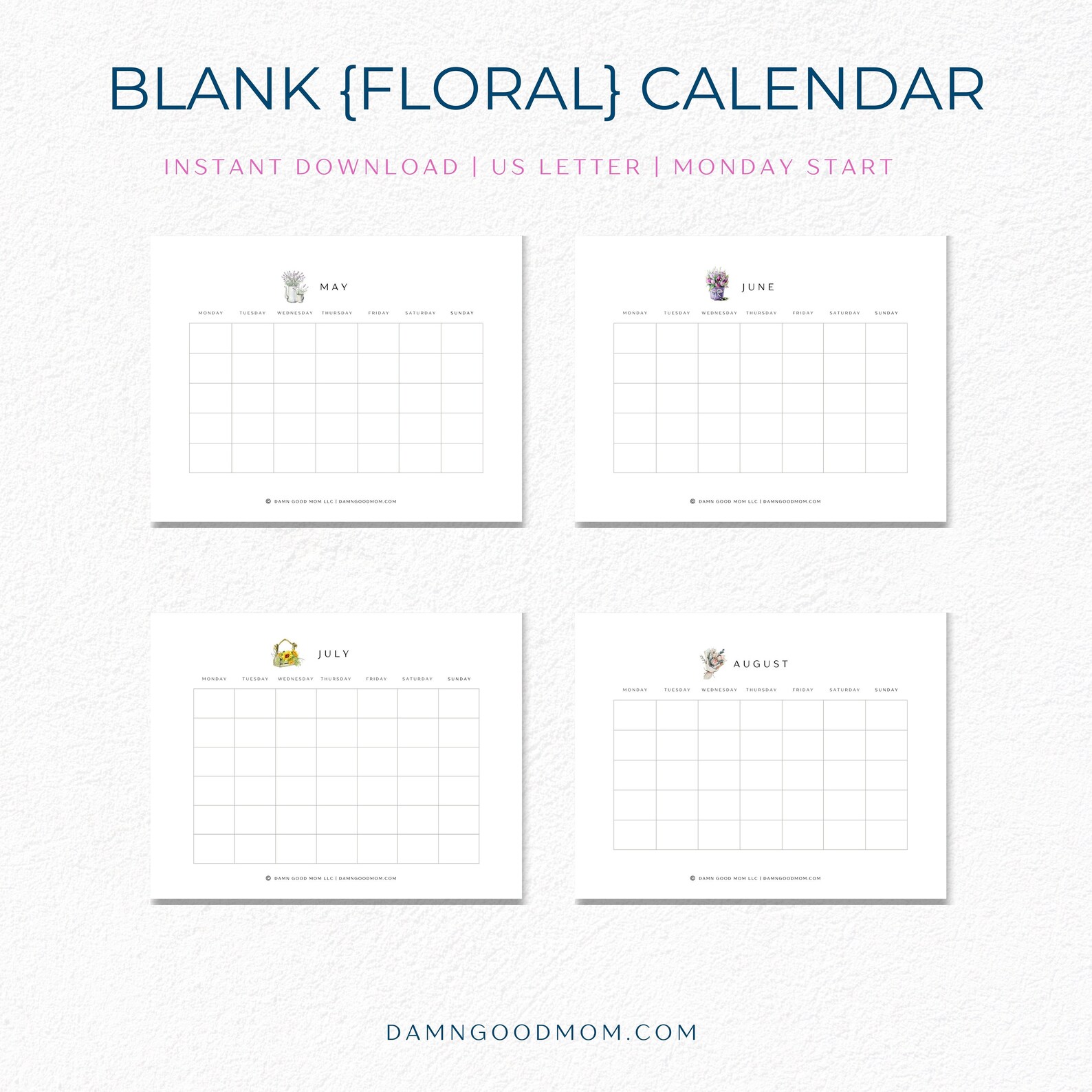 Printable Floral Calendar 12-months | Blank Calendar Templates ...