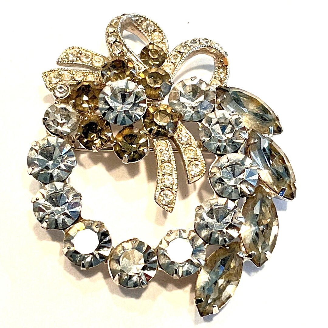 Vintage EISENBERG ICE Floral & Ribbon Prong Set Rhinestone Brooch ...