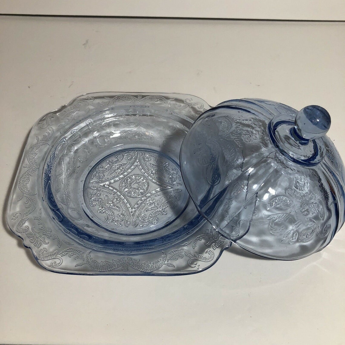 Vtg Indiana Glass Recollection Blue Madrid Pattern Covered Etsy