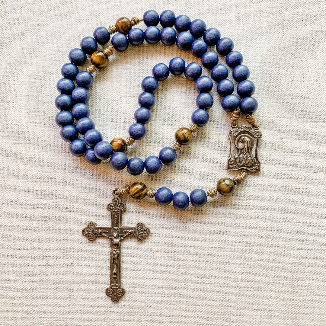 Catholic Rosary Beads With Bronze Marian Center, Blue Wood Beads ...